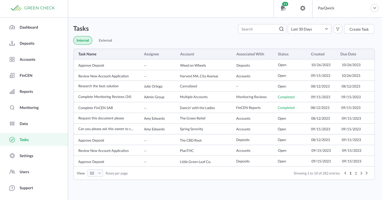 Tracking internal and external tasks in Green Check